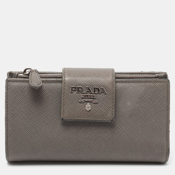 Prada | Bags | Prada Grey Saffiano Leather Flap Continental Wallet ...
